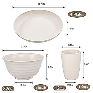 12pcs Wheat Straw Dinnerware Sets, Wheat Straw Plates and Bowls Sets for 4 Microwave Dishwasher Safe Lightweight Beige