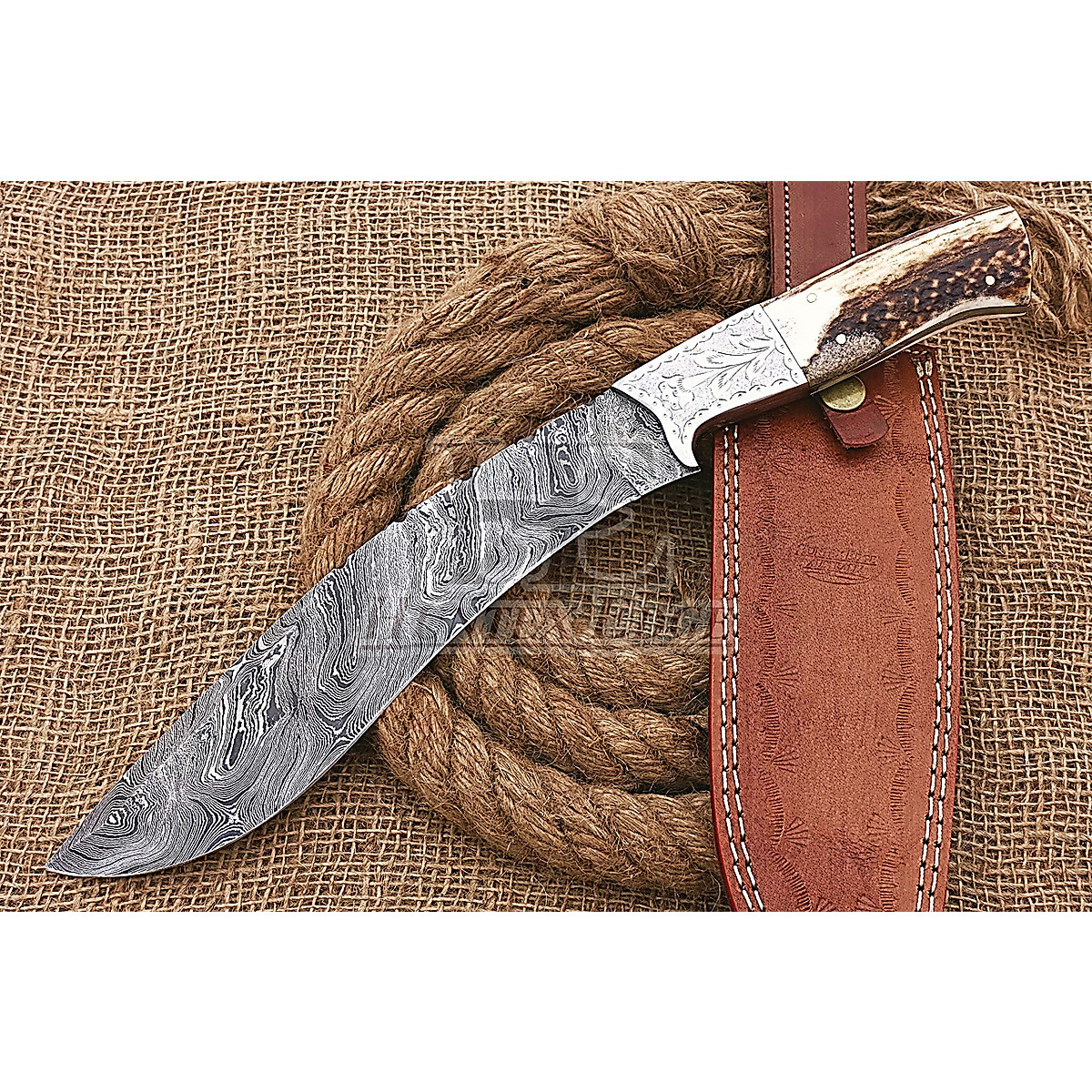 HUNTEX Handmade Hand-Forged Twist Pattern Damascus Steel 14 Inch Long Full Tang Deer Antler Handle Razor Sharp Hunting Camping Bowie Knife w/Genuine Leather Sheath