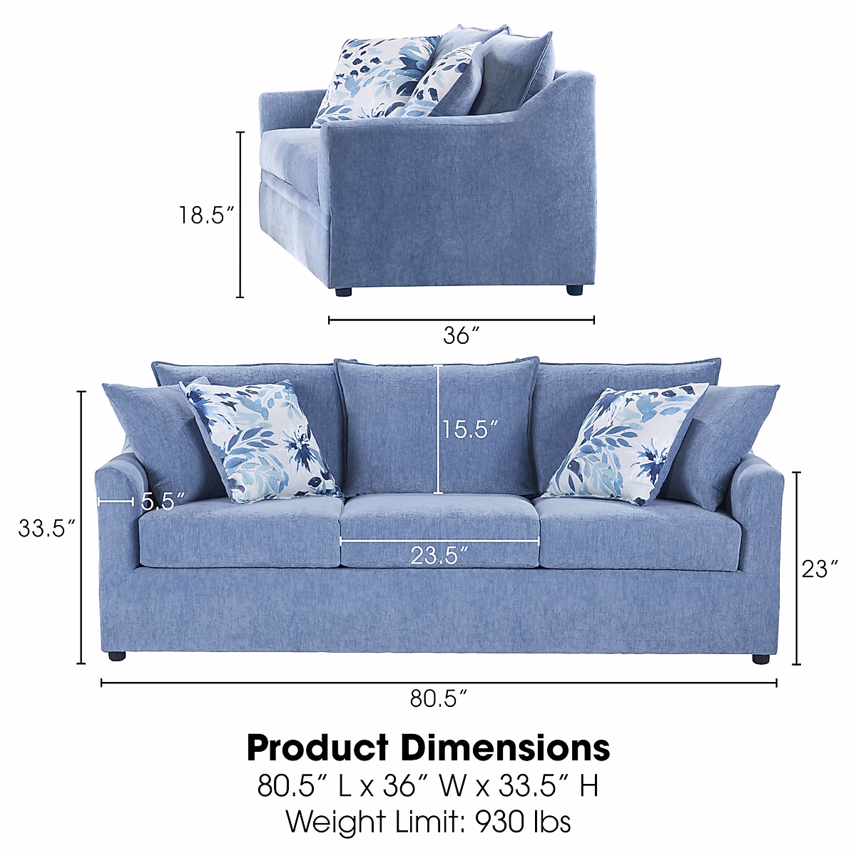 New Classic Furniture Sylvie Polyester 3-Seater Sofa Couch with 4 Accent Pillows, Blue Slate