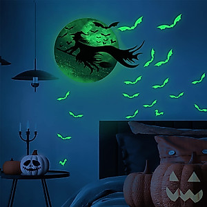 Halloween Decoration Sticker Glow in The Dark Bedroom Decals for Decoration Wall Sticker Visualization Luminous Stickers (Witch/Bats)