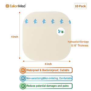 Hydrocolloid Bandage, Hydrocolloid Wound Dressing Thin Type 4'' x 4'' for Light Exudate Wound, Pressure Ulcer, Bed Sore, Surgical Wound,Superficial Wound, 10 Pack by EalionMed