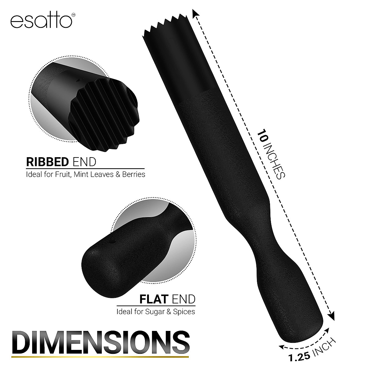 Esatto Professional Bar Tool Muddler 25 CM (10 Inches) Ribbed – Made with ABS Plastic – Durable and Ribbed for Mashing Fruits, Berries, Sugar, Spices, and Herbs (Black)