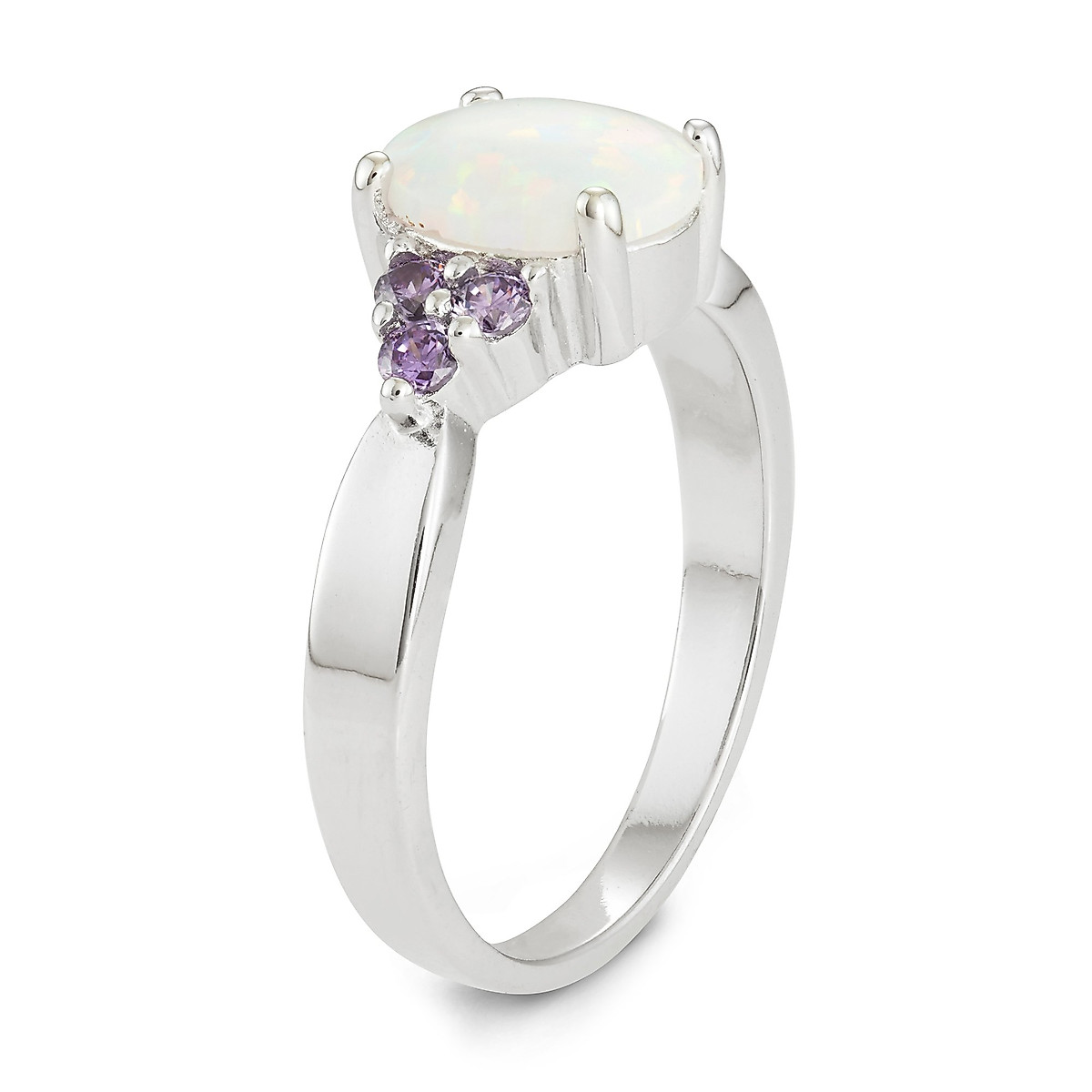 Sterling Silver Oval Created White Opal & Amethyst CZ Ring (Size 8)