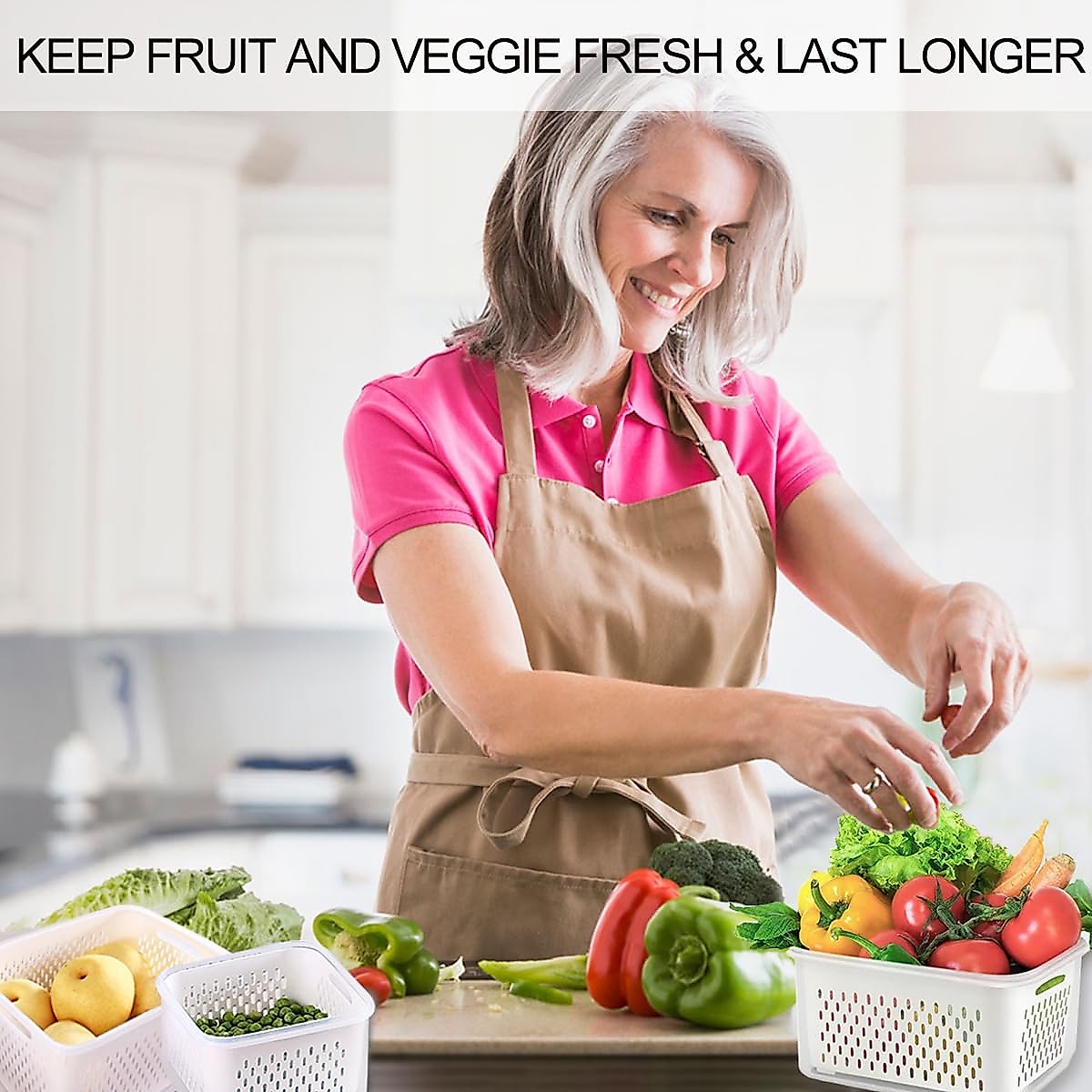 MsPrLs Fruit Storage Containers for Fridge 5 Pack | Fruits and Veggie Containers for Refrigerator with Colander | Keep Produce Vegetables Lettuce Fresh Longer | 5 Stackable Size | Rectangle