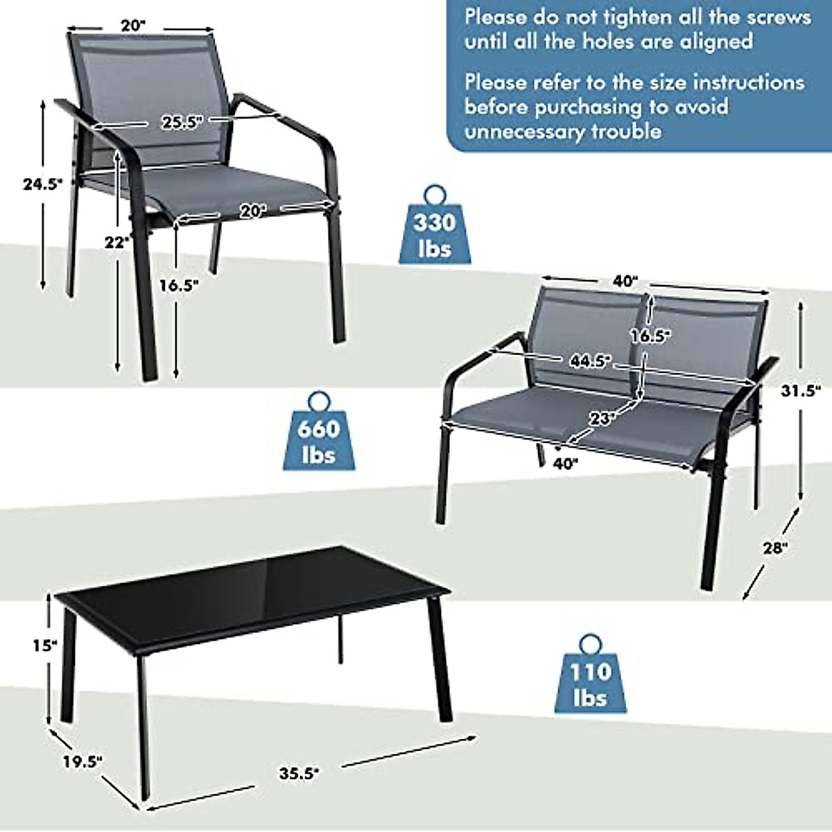 Tangkula 4 Pieces Patio Furniture Set, Outdoor Conversation Set with Tempered Glass Coffee Table, Outdoor Bistro Set with Fabric and Anti-Rust Steel Frame for Garden, Poolside and Backyard (Gray)