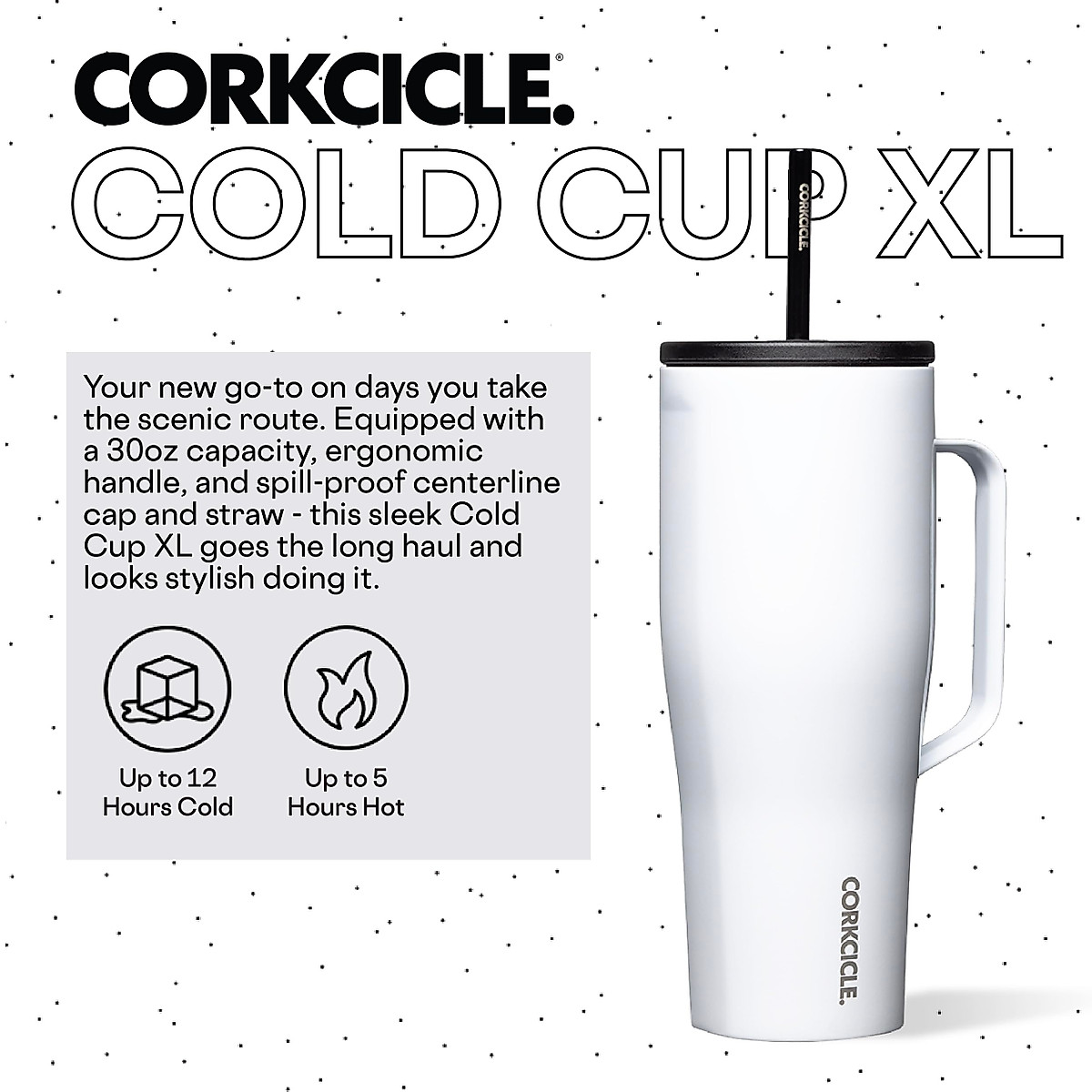 Corkcicle 30oz Tumbler With Handle, Gloss White, Reusable Water Bottle, Triple Insulated Stainless Steel Travel Mug, BPA Free, Keeps Beverages Cold 12 Hours, Tumbler with Lid and Straw, Cold Cup XL