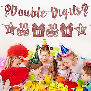 Excelloon Double Digits 10th Birthday Banner Decorations for Girl, Rose Gold Glitter 10 Year Old Happy Birthday Party Supplies, Perfect for Ten Years Birthday Party Decoration Sign