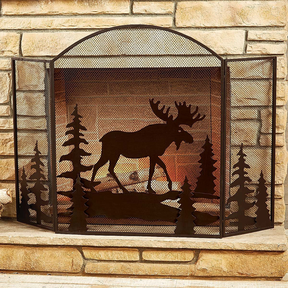 Black Forest Décor - Moose Fireplace Screen - Three-Panel Metal Mesh with Pine Tree Design