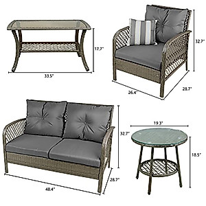 FYRICKYLINOO 7 Pieces Outdoor Wicker Patio Furniture Rattan Conversation Chairs Bistro Sets with 4 PCS Pillows, All Weather Modern Chairs Loveseat Sofa with 2 PCS Coffee Tables for Garden, Gray