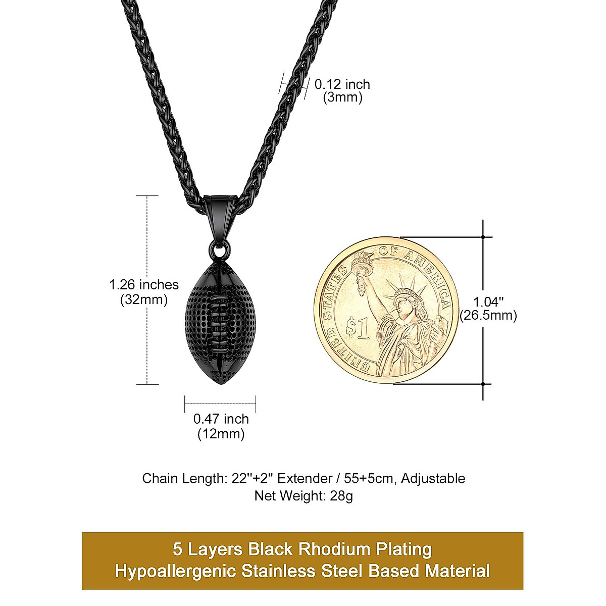 Football Necklace for Men Athlete, Mens Vintage Black Rugby Chain Titanium Steel Footballs Ball Pendant Necklaces Punk Rock Sprots Jewelry for Players