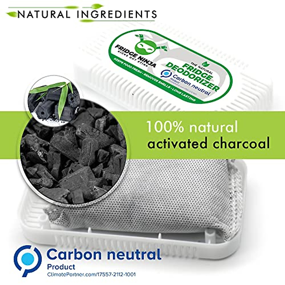 Fridge Ninja Fridge Deodorizer (2 Pack) - More Effective Than Baking Soda - Natural and Unscented Activated Charcoal Refrigerator Deodorizer - Fridge Odor Eliminator for Freezers, Coolers, and Lunch Boxes
