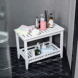 Zoopolyn Bamboo Shower Bench Seat with Storage Shelf Shower Stool Chair for Shaving Legs in Bathroom & Inside Shower White