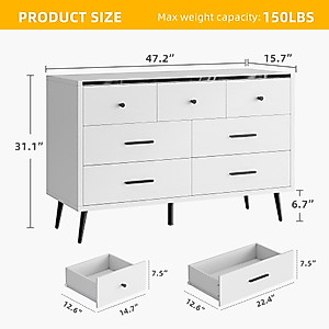 DWVO White 7 Drawer Dresser, Wood Storage Dressers & Chests of Drawers with Black Metal Handle ＆ Anti-Tipping Device, Modern Double Dresser Storage Cabinet Living Room Hallway, Entryway
