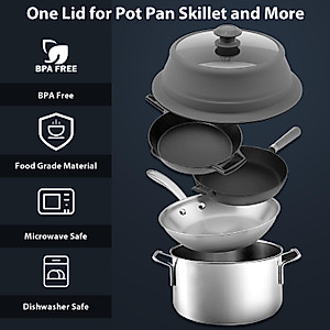 Vented Tempered Glass Lid Wok Lid for Stockpot Steamer Pot Pan, 10.5-11 inch Universal Multifunction Silicone Cover Collapsible Microwave Splatter Lid Cover Microwave Safe