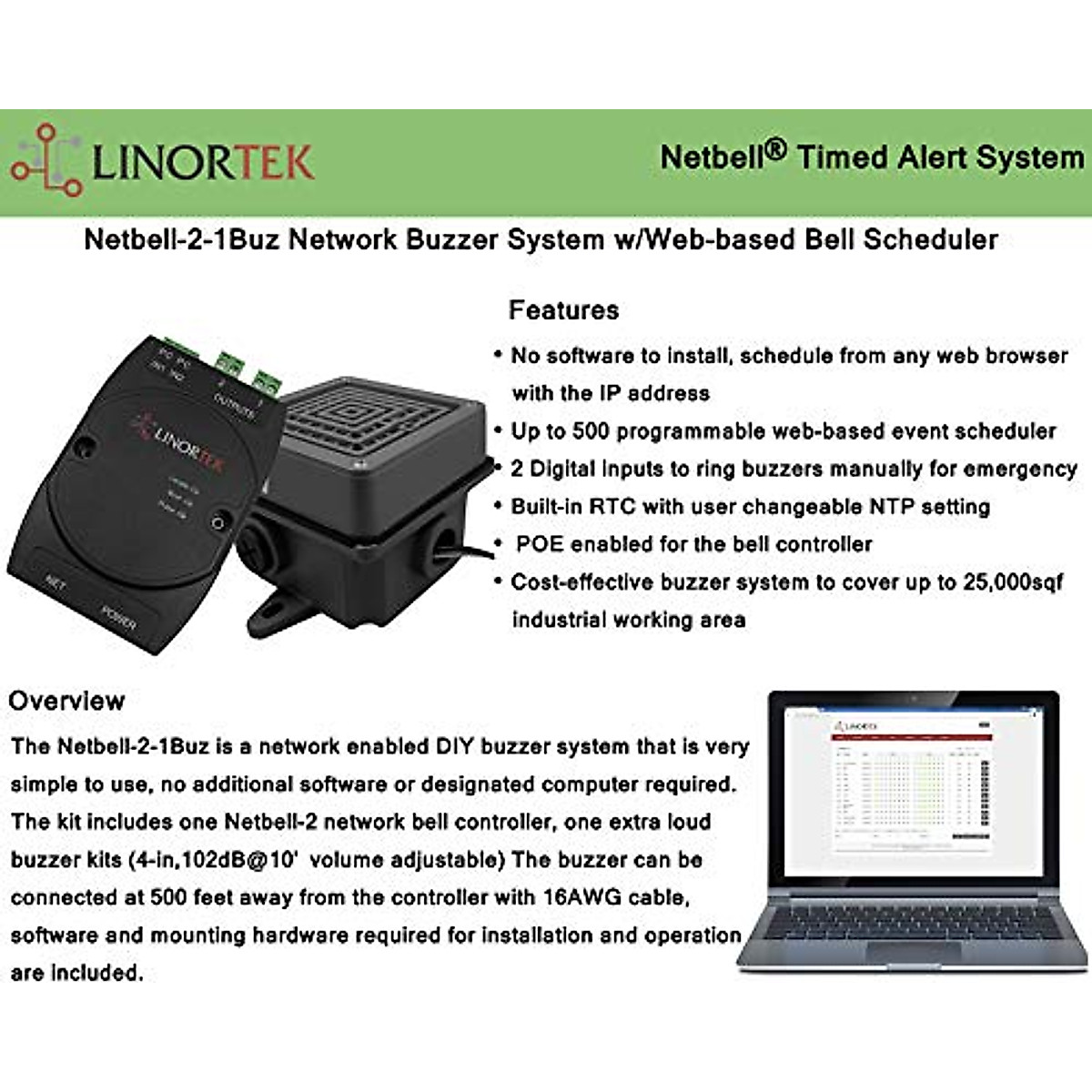 Linortek Netbell-2-1Buz TCP/IP Network Enabled Controller with One 4” Extra Loud Buzzer for Industrial Factory Warehouse Lunch Break Time Alert System w/Web-Based scheduling Software