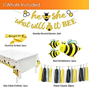 NAIWOXI What Will It Bee Gender Reveal Party Supplies - Bumble Bee Gender Reveal Decorations for Kids Baby Shower, Banner, Table Cloth, Sash, Paper Fans, Cake Topper, Balloons, for Baby Reveal Party