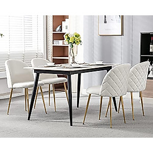 HNY White Velvet Mid Century Modern Dining Chairs Set of 4, Upholstered Accent Chairs with Gold Metal Legs, Kitchen & Dining Room Chairs Side Chairs for Living Room, Cream