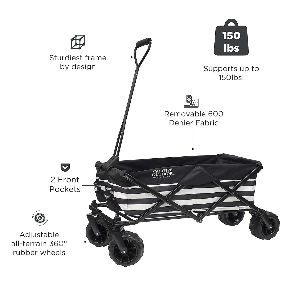 Creative Outdoor Push Pull Stroller Wagon for Kids, 150lbs Weight Capacity, All-Terrain Collapsible Folding Cart with Canopy for Cargo, Beach, Park, Garden, Camping & Tailgate