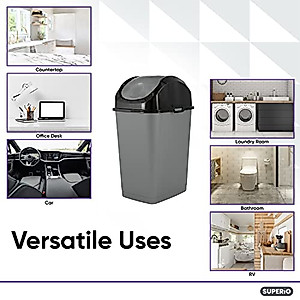 Superio 1.25 Gal Mini Plastic Trash Can with Swing Top Lid Small Waste Bin for Countertop, Desk, Vanity, Bathroom 5 Quart (Grey/Black)