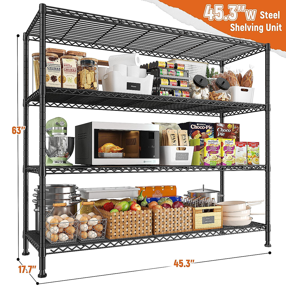 REIBII Storage Shelves 45.3''W Wire Shelving Unit 4 Tier Metal Shelves for Storage Rack Metal Shelving for Pantry Shelves Kitchen Steel Shelving, 45.3''W*63''H*17.7" D