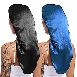 Awegeo 2 Pcs Long Satin Bonnet Sleep Cap, Extra Large Silk Bonnet for Natural Hair, Curly Hair, Long Braids Bonnets for Black Women Night Sleep with Soft Wide Elastic Band