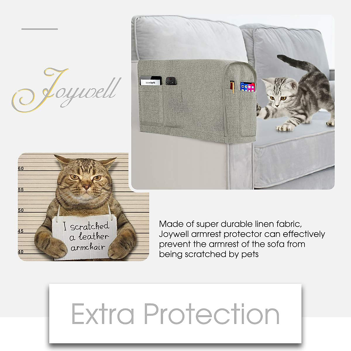 Joywell Linen Armrest Covers for Living Room Anti-Slip Sofa Arm Protector for Dogs, Cats, Pets Armchair Slipcover for Recliner with 4 Pockets for TV Remote Control, Phone, 1 Pcs, Silver Grey