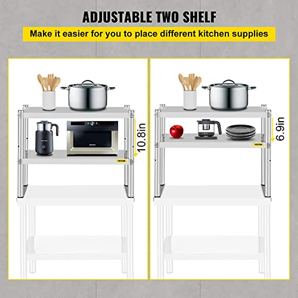VEVOR Double Overshelf, Double Tier Stainless Steel Overshelf, 30 in. L x 12 in. W Double Deck Overshelf, Height Adjustable Overshelf for Prep & Work Table in Kitchen, Restaurant