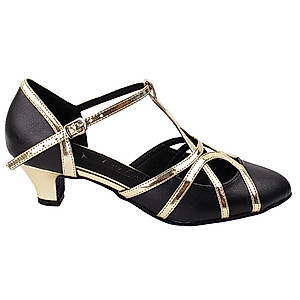 Very Fine Dance Shoes - Ladies Practice, Cuban Low Heel, Waltz Ballroom Dance Shoes - SERA3541-1.2-inch Heel and Foldable Brush Bundle - Black Leather - Light Gold Trim - 10