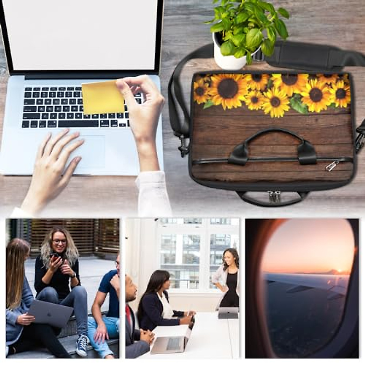 Sunflowers Wooden Laptop Computer Bag Waterproof Shoulder Messenger Bag 13-15 inch Durable Laptop Tote Bag with Shoulder Strap Handle Lightweight Crossbody Briefcase