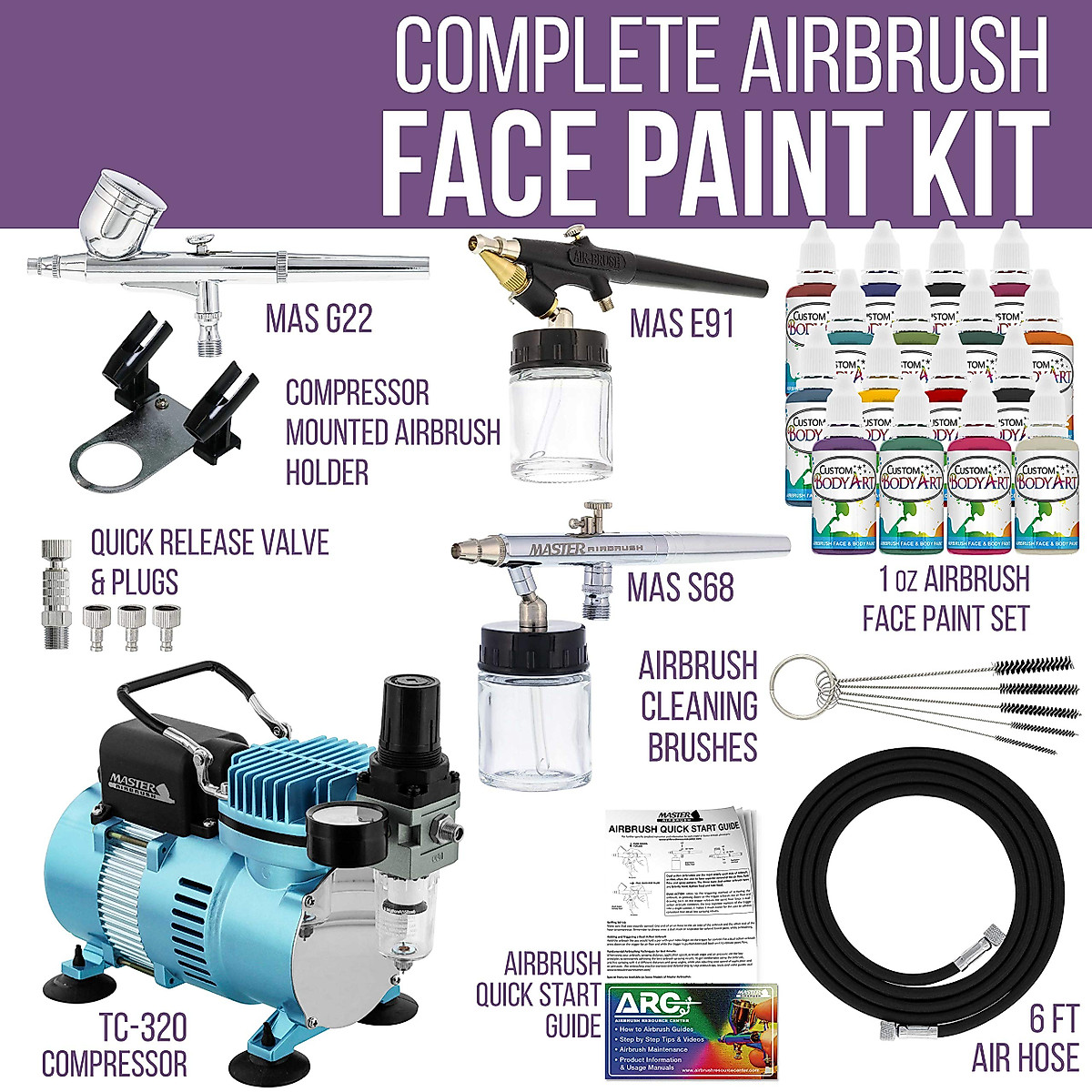 Master Airbrush Professional Airbrushing System Kit - 3 Airbrushes, 16 Color Water-Based Face & Body Art Paint Set, Cool Runner II Dual Fan Air Compressor - Washable Temporary Tattoo, How to Guide