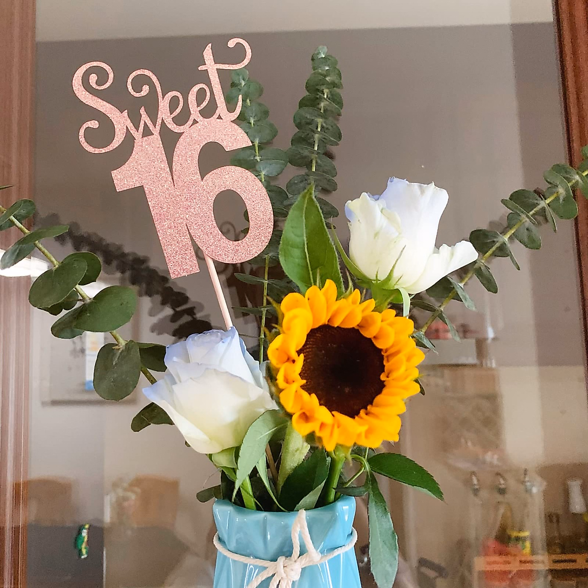 10-Pack Glitter Gold Double Sided Sweet 16 Birthday Anniversary Centerpiece Sticks, Number 16 Table Cake Topper for Sweet 16 Birthday Table Party Decorations (sweet 16) (rose gold)