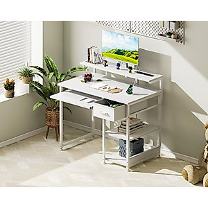 AODK Small Computer Desk with Keyboard Tray, 40 Inch Office Desk with Power Outlet, Work Desk with Drawer, Reversible Desk with Adjustable Monitor Shelf and Storage Shelf for Home Office, White