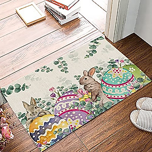 Easter Bunny Colorful Eggs Rustic Eucalyptus Leaves, Bathroom Shower Mat Doormat Non Slip,Floor Rug Absorbent Carpets Floor Mat Home Decor for Kitchen Bedroom Rug, 16"X 24"