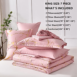 Yogeneg Gold Metallic Marble King Size Comforter Set,7 Piece Bed in a Bag,Foil Print Glitter Pink Comforter and Sheet Set,All Season Soft Microfiber Complete Bedding Sets(Pink,King)