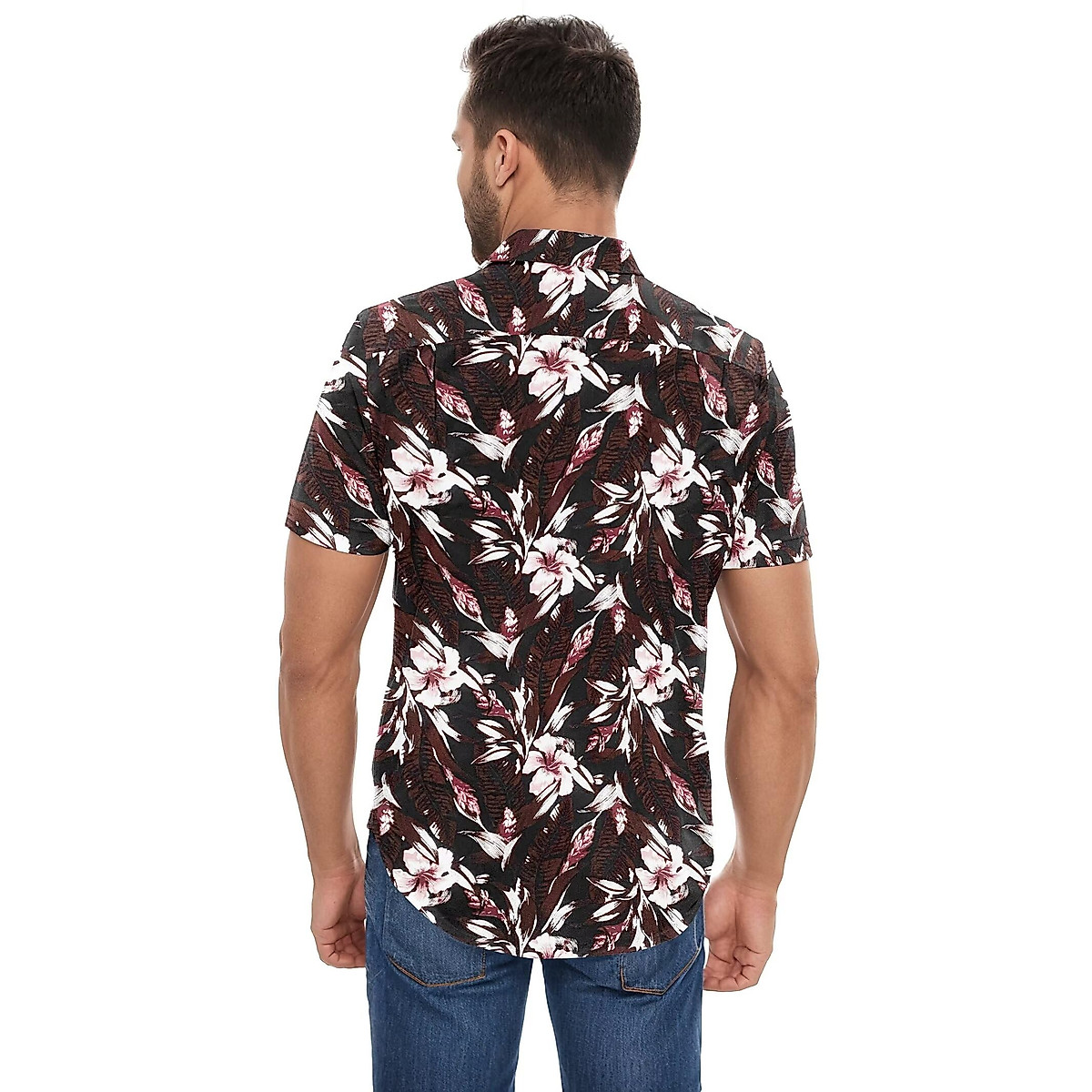 ETHANOL Men Classic Slim Fit Woven Short Sleeve Wrinkle Resistant Print Shirt MSTL46568-2444BRG Dark RED XL