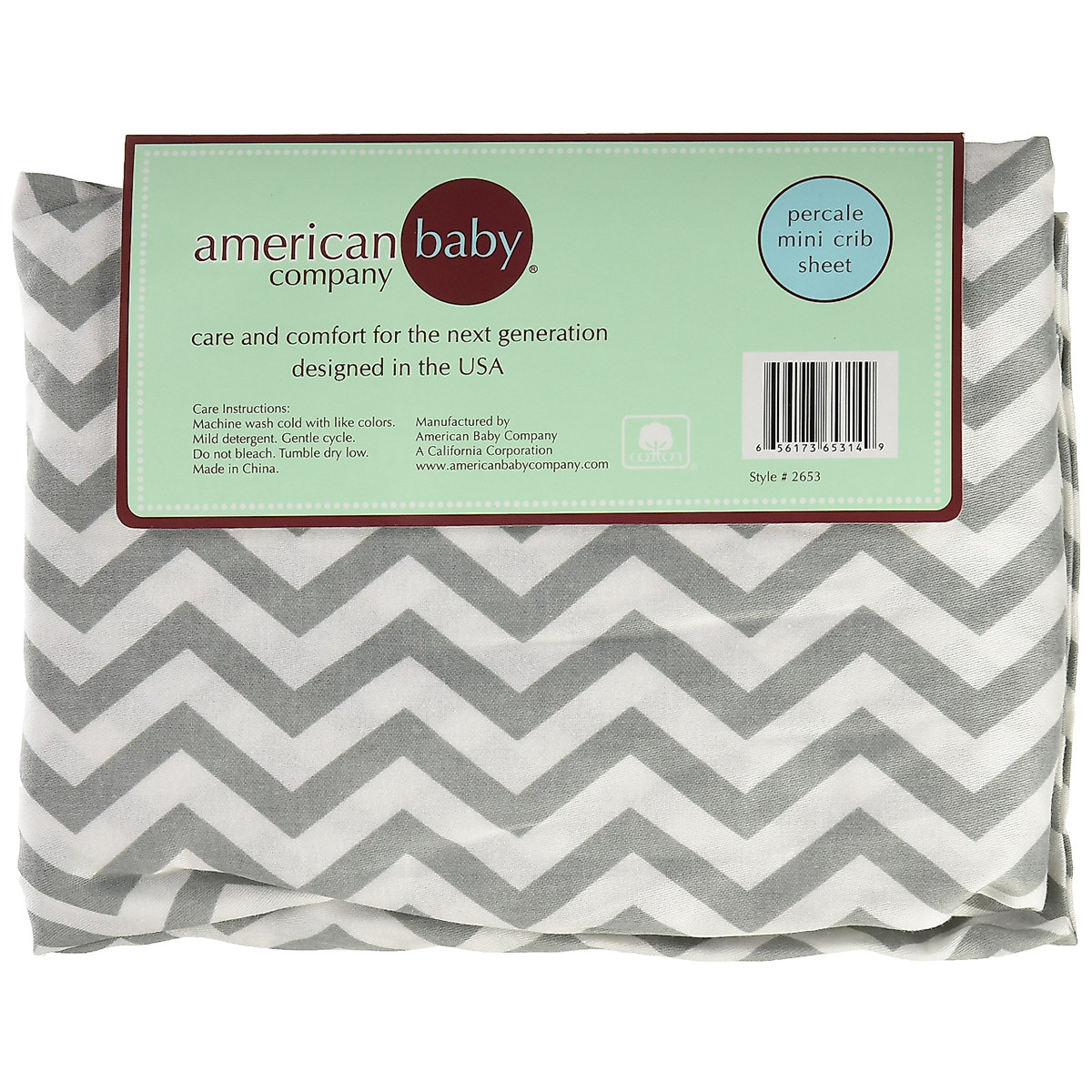 American Baby Company 100% Natural Cotton Percale Fitted Portable/Mini Crib Sheet, Grey Zigzag, Soft Breathable, for Boys and Girls, Zigzag Grey , 24x38 Inch (Pack of 1)