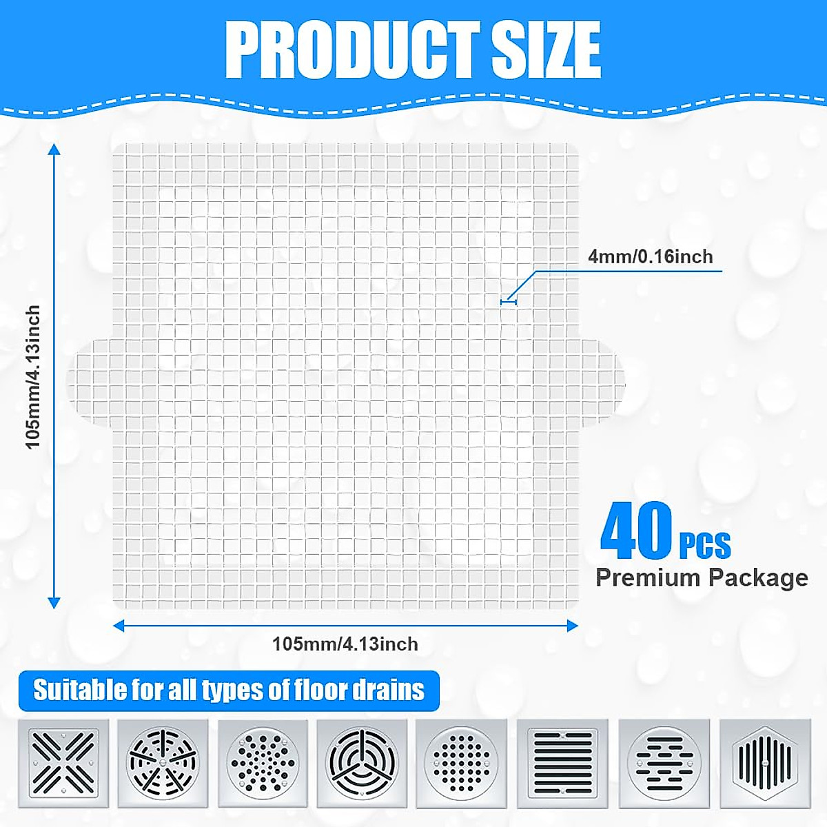 AMFUN Disposable Shower Drain Hair Catcher, 40Pcs Floor Drain Mesh Strainer Sticker with Waterproof Adhesive, Anti-Blocking Filter Sticker Hair Catchers for Bathtub Bathroom Kitchen, Square 105mm