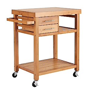 EROMMY Rolling Bamboo Wood Kitchen Island Cart, Multi-Purpose Kitchen Trolley Cart on Wheels, Rolling Kitchen Cart with Drawers, Open Storage Shelves, Towel Rack, Locking Casters