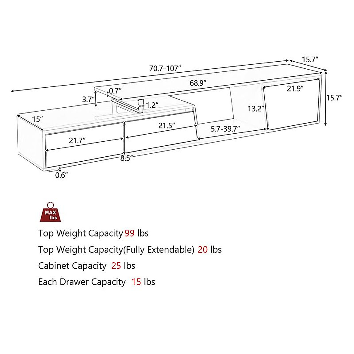 Modern Extendable TV Stand for 55/65/70/80/100 Inches TV,Minimalist Entertainment Center TV Cabinet with 2 Drawers and 1 Cabinet,Media Console Television Stands Credenza for Living Room,Bedroom,White