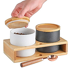 Coffee Containers with Shelf & Scoop - 2 x 17.9OZ(530 ML) Ceramic Airtight Coffee Bean Storage Container Food Storage Jar with Wood Lid for Loose Leaf Tea/Nuts/Snack/Sugar in Kitchen (Black&White)