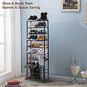 MITLOXX 10 Tier Shoe and Boot Rack Storage Organizer for Closet Entryway Floor, Narrow Tall Shoe Shelf Tower with Boot Holder, Black