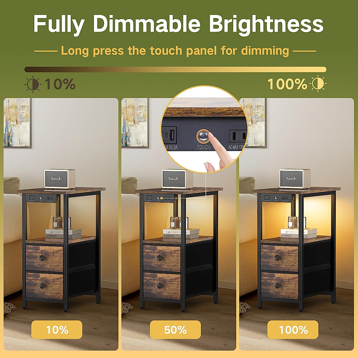 OUTONLIFE Side Table with LED Dimmable Light & Charging Station, Nightstand with 2 Fabric Drawers, 2 USB Ports & AC Outlet, Narrow End Table with Storage for Bedroom, Living Room, Office, Small Space