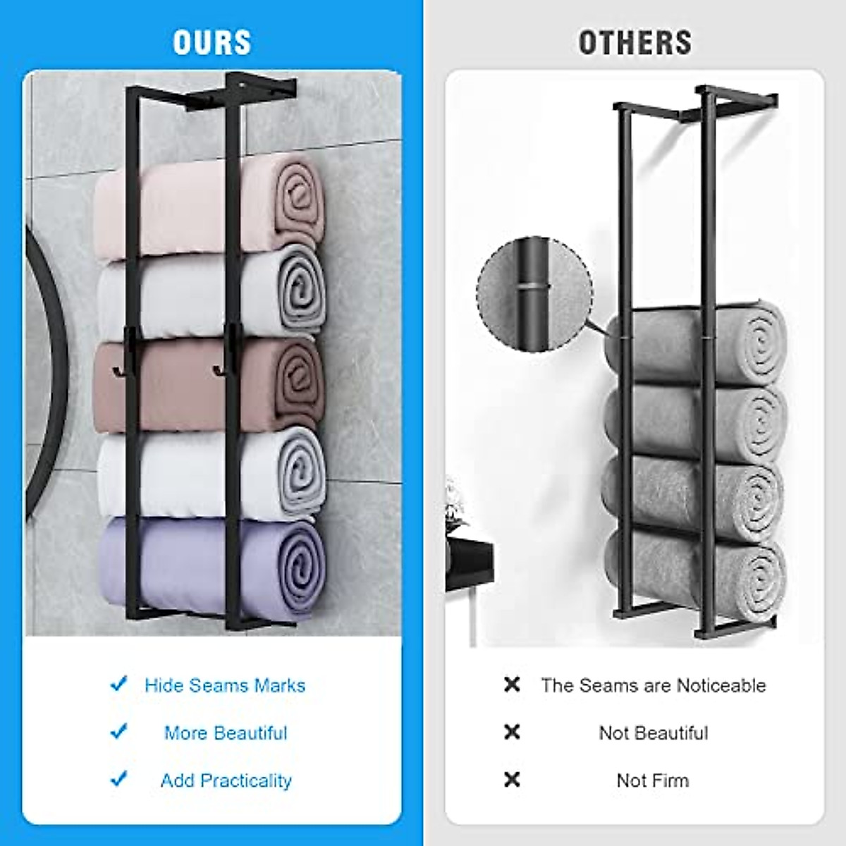 Towel Racks for Bathroom Wall Mounted with 2 Hooks, Stainless Steel Bath Towel Holder Bathroom Wall Towel Rack for Rolled Towels, Towel Storage for Small Bathroom, RV Camper, Garage