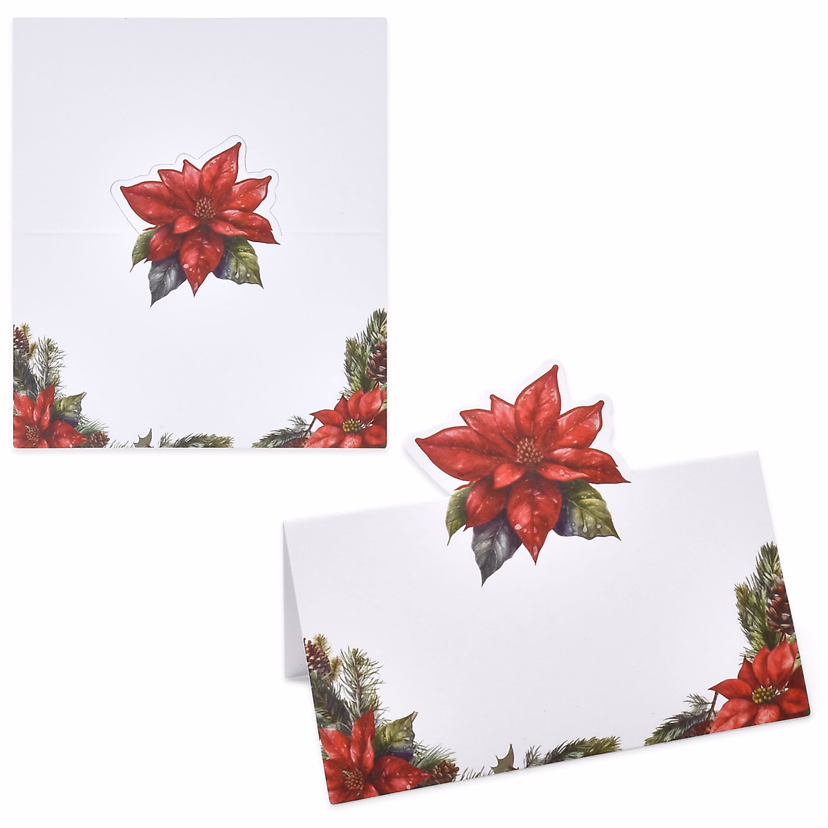 100 Pack Christmas Place Cards Holiday Seating Name Card Die Cut Xmas Poinsettia Flower Table Setting Folded Paper Tent Cards for Winter Dinner Wedding Tables Placement Party Decorations 2" x 3.5"