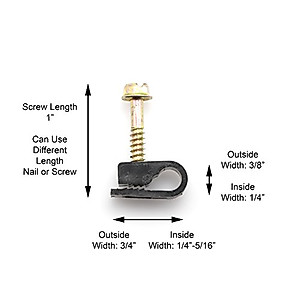 THE CIMPLE CO - Single Coaxial Cable Clips, Cat6, Electrical Wire Cable Clip, 1/4 in (6 mm) Screw Clip and Fastener, Black (100 Pieces per Bag)