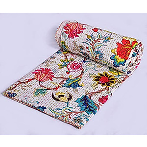 MAVISS HOMES Beautiful and Comfortable Indian Vintage Floral Printed Cotton Kantha Quilt | Throw Blanket Bedspread | Vintage Quilt | Home Décor |Bedding; Floral 6