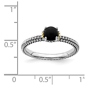 Solid 925 Sterling Silver and 14k Yellow Gold Stackable Onyx Vintage Antiqued Ring Eternity Band Size 8