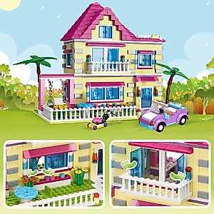 BRICK STORY Girls Friends House Building Kit, 892 PCS Big Villa Building Blocks City Family Beach House Model Toy Set Apartment Room Playset with 4 Mini People and Car for Girls Kids Aged 6 and Up
