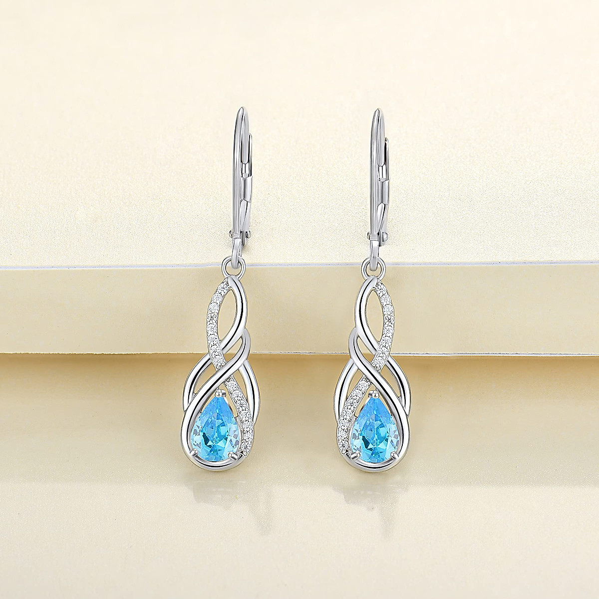 YL Infinity Earrings 925 Sterling Silver Twist Dangle Drop Earring Created Aquamarine Celtic Knot Leverback Jewelry for Women