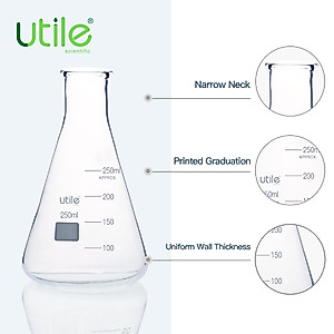 Utile Glass Erlenmeyer Flask Set, 250ml Narrow Mouth Erlenmeyer Flasks, 6pcs of Borosilicate 3.3 Glass Conical Flasks for Laboratory with Printed Graduation, 4016.0250.6